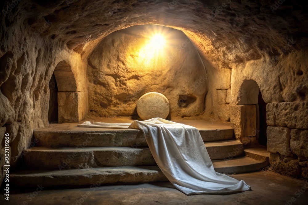 Dimly lit ancient tomb interior with stone rolled back revealing empty ...