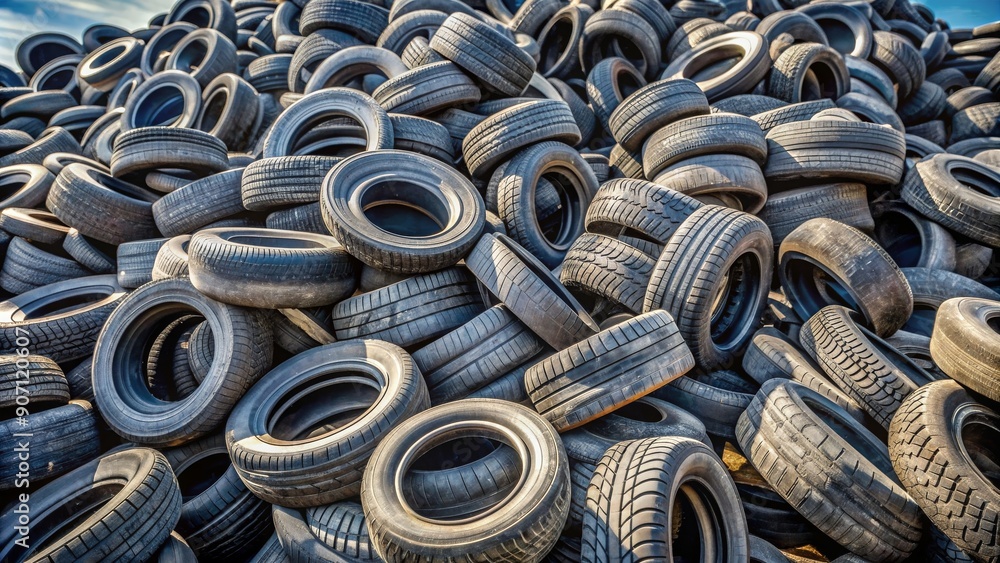 Pile of discarded tires being recycled into rubber material for reuse ...