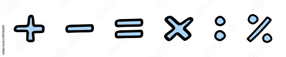 Hand-drawn mathematical symbols, including plus, minus, equal ...