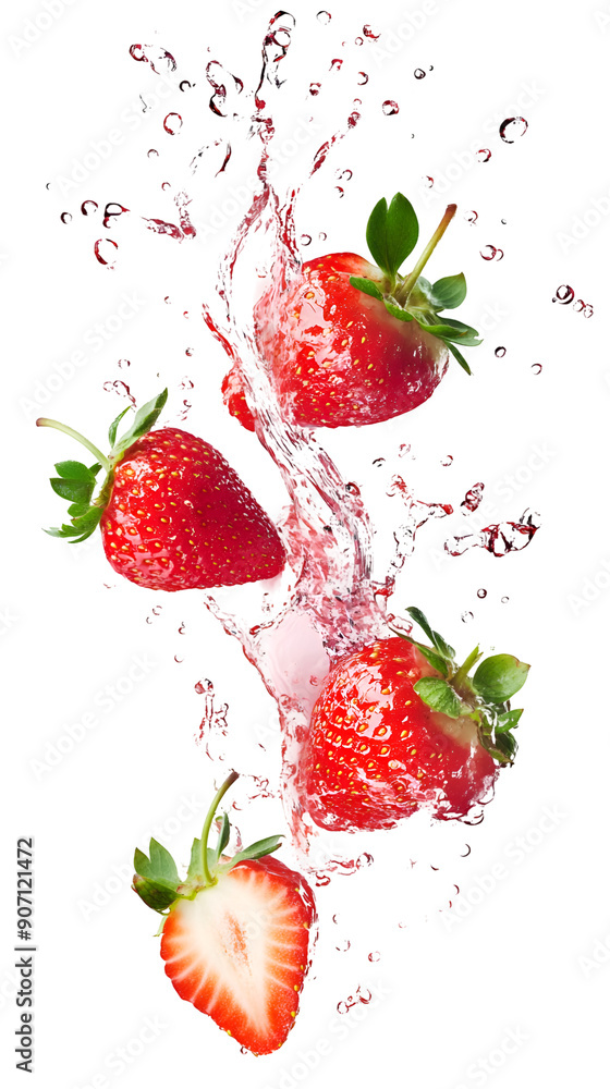 Falling Strawberry splash isolated on white background, full depth of ...