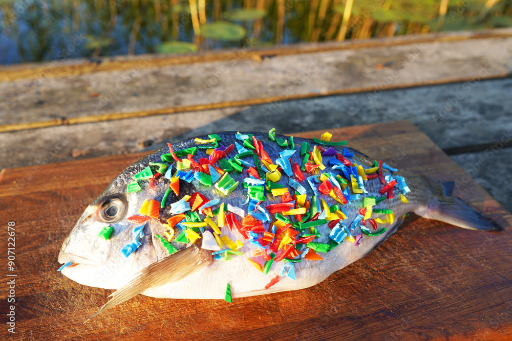Стоковое фото «Microplastics in Fish. Dead fish in sea, eats plastic ...