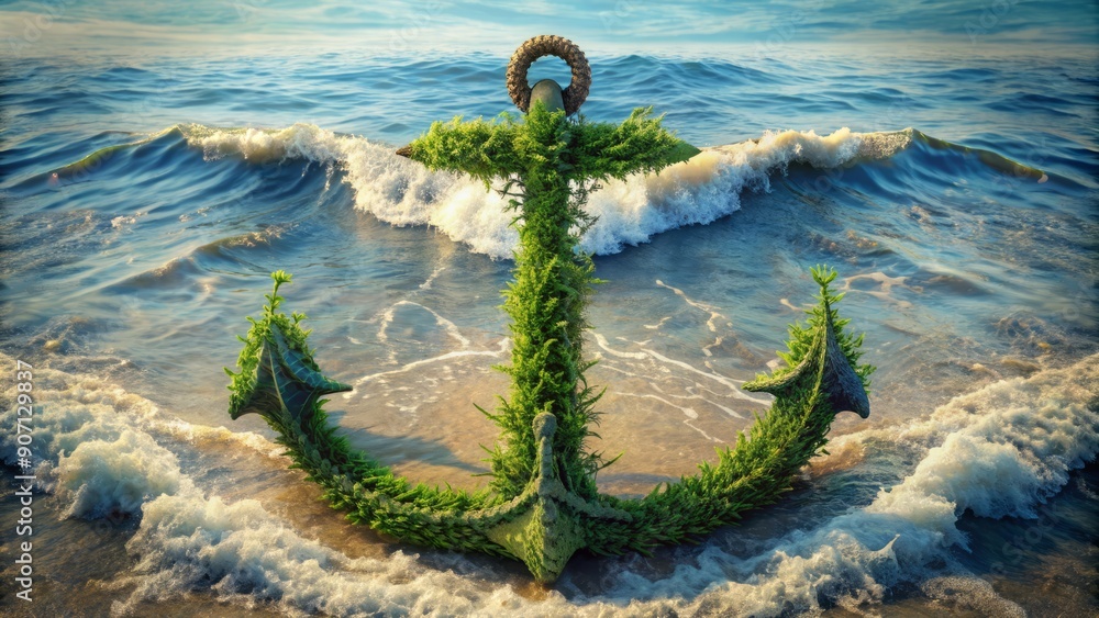A stylized illustration of an anchor formed by curved seaweed strands ...