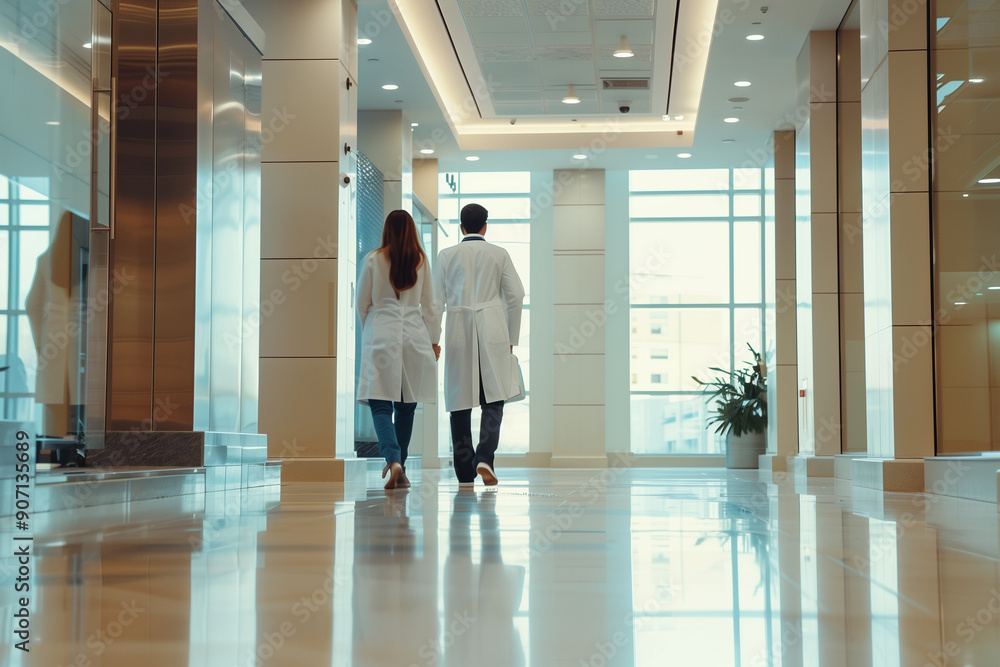 Walking through a modern, sleek clinic hospital, two doctors, seen from ...