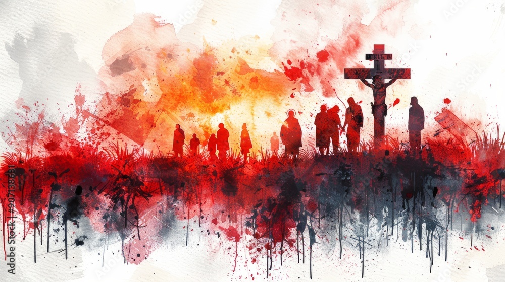 Jesus Christ is depicted on the cross, surrounded by a crowd of ...