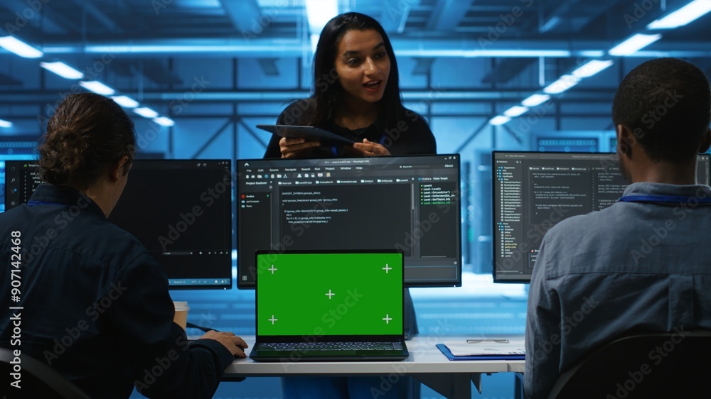 Supervisor in server hub managing diverse team of developers using green screen laptop looking ...