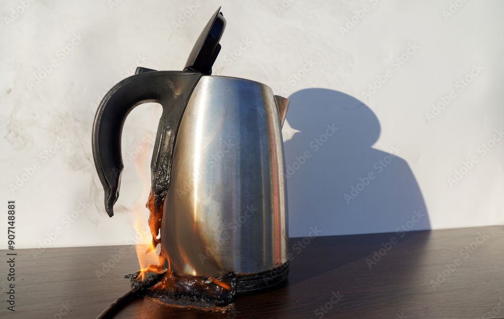 Burning Electric kettle. Electric kettle for tea caught on fire over table. Electric kettle ...
