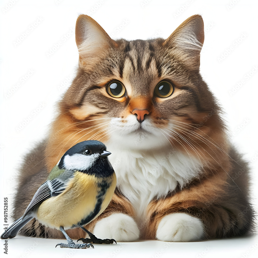 Gato y pájaro mirando a cámara aislados sobre fondo blanco Stock ...