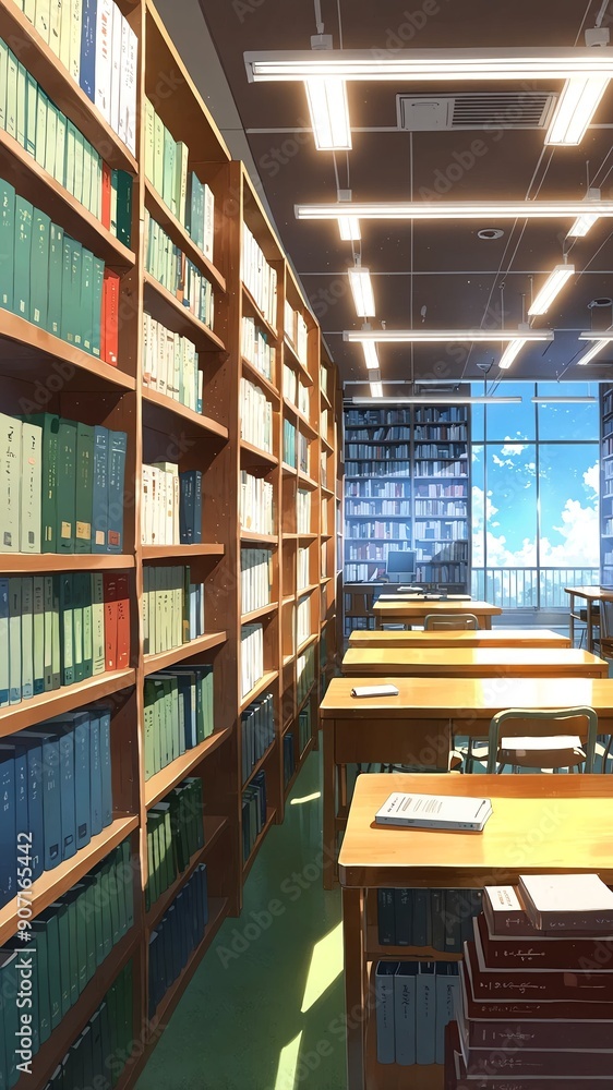 quiet library with tall bookshelves background vertical backdrop ...