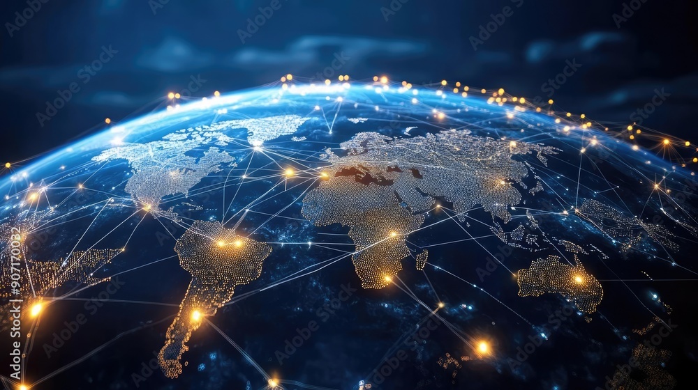 Digital globe with connected trade routes, global network, world trade ...