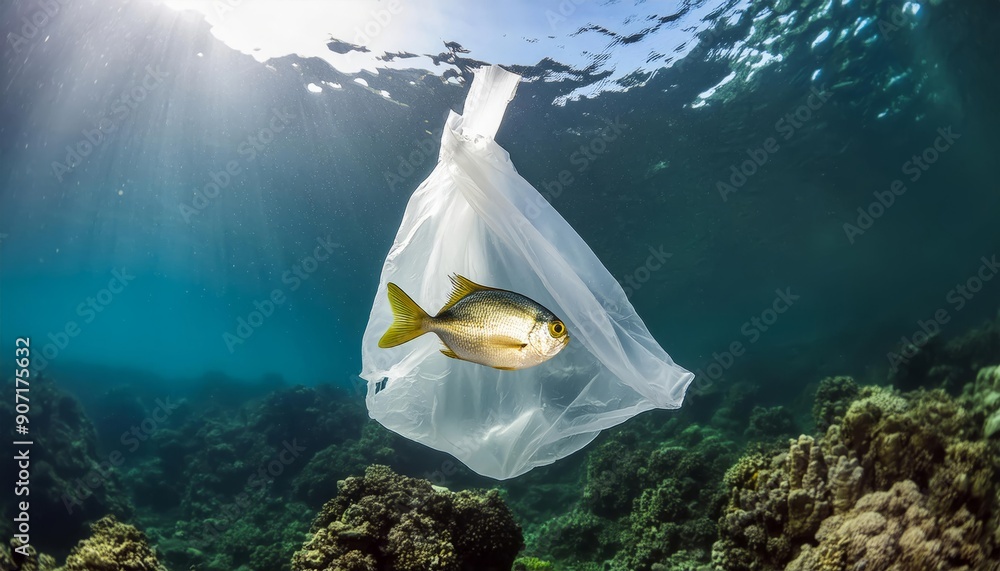 Fish trapped inside plastic bag, polythene bag, environmental crisis ...