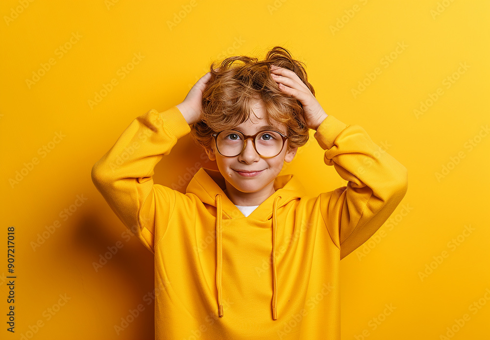 Stock-Foto „Portrait of a little curly boy in glasses on a bright green ...