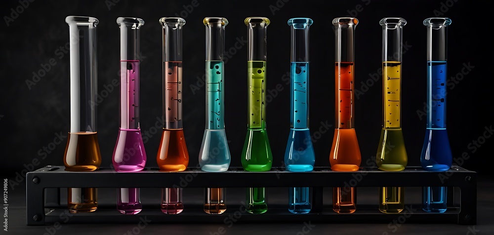 A vintage test tube rack with floating test tubes and colorful ...