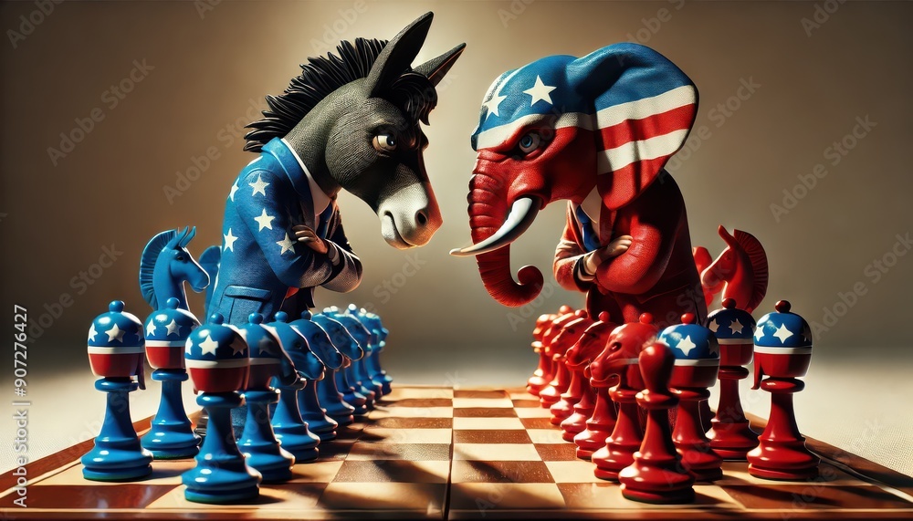 Political Conflict Depicted in Chess: Democratic Donkey vs. Republican ...