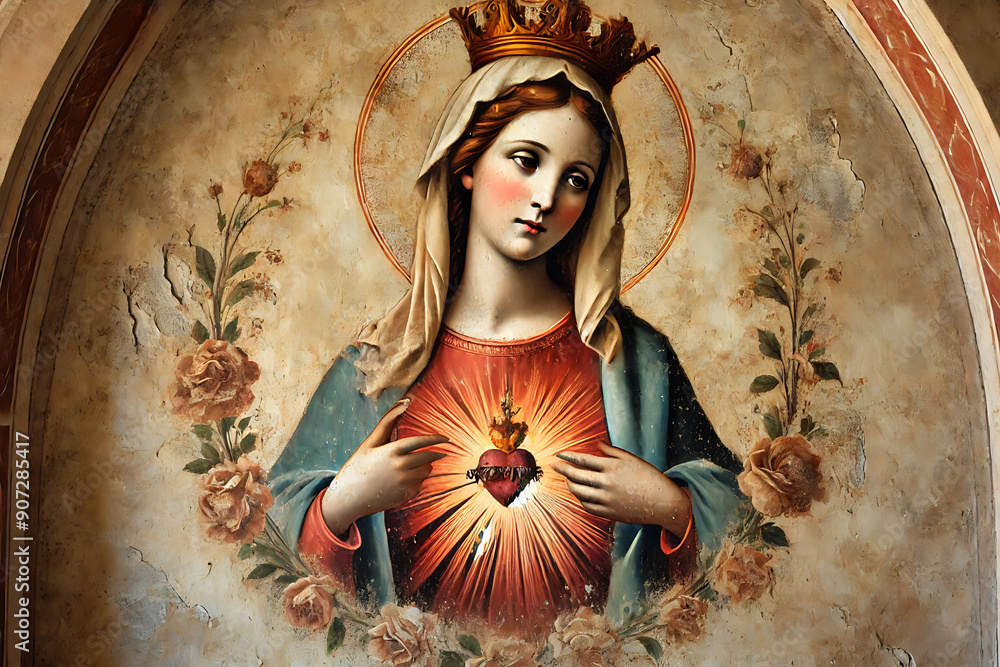 Virgem Maria, imagem envelhecida, imagem antiga, sagrado coração de ...