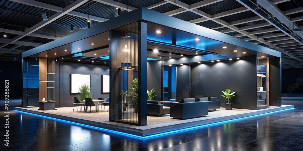 Modern, high-contrast exhibition stand with complex black and blue ...