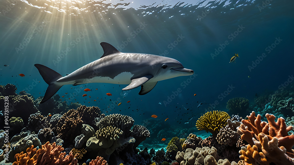 a Vaquita dolphin gliding through a vibrant coral reef, showcasing its ...