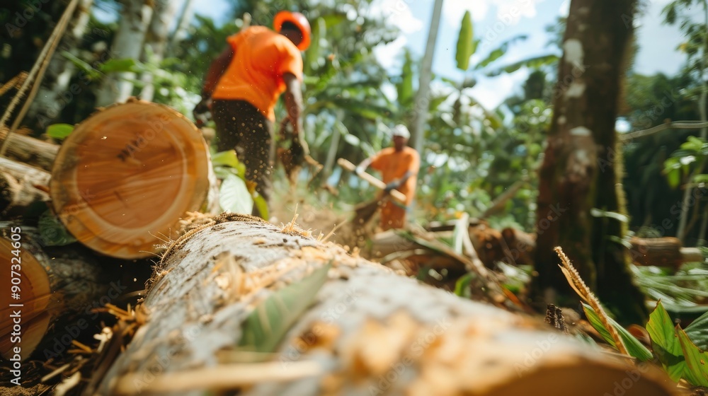 Workers in safety gear operate machinery to log trees in a forest ...