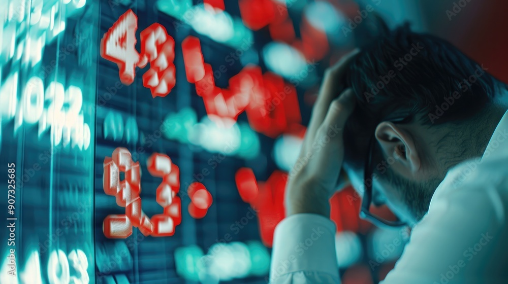 Stock market down. A stressed stock trader holds his head in ...