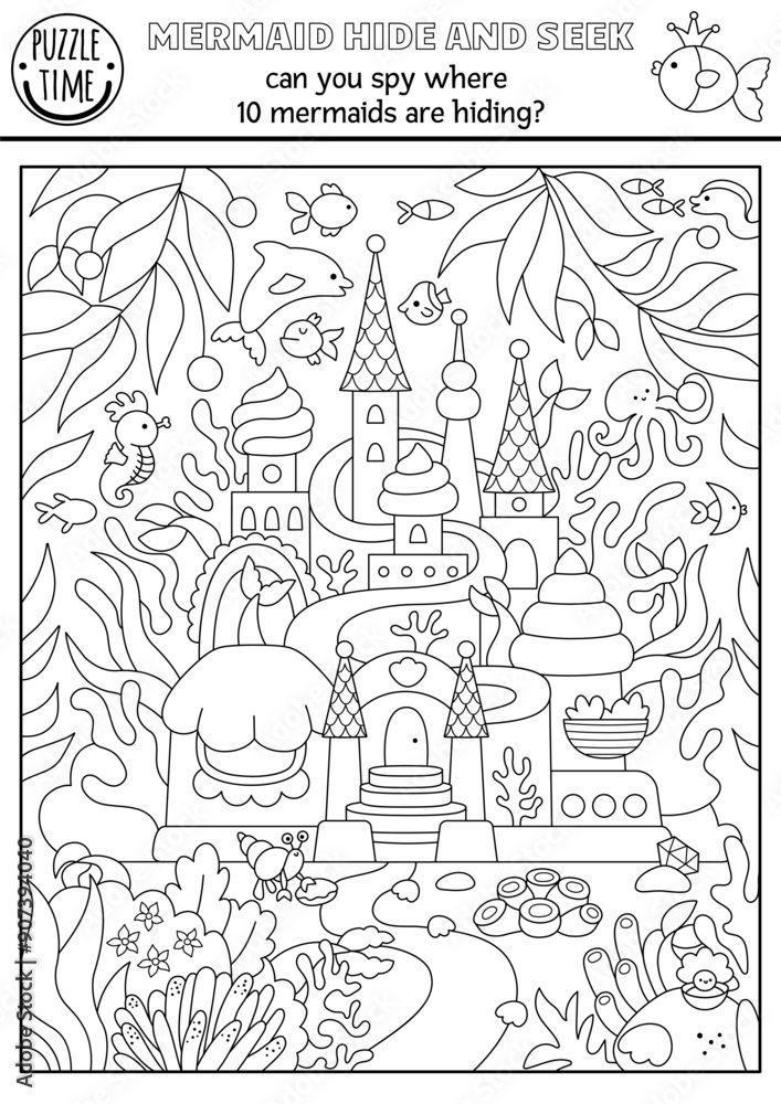 Vector mermaid black and white searching game with ocean kingdom ...