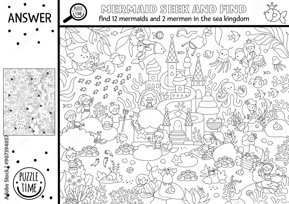 Vector mermaid black and white searching game with fairytale ocean ...