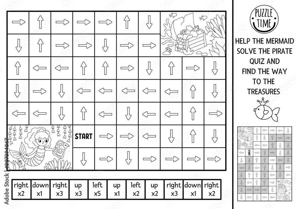 Vector de Stock Mermaid logic black and white maze for kids with pirate ...