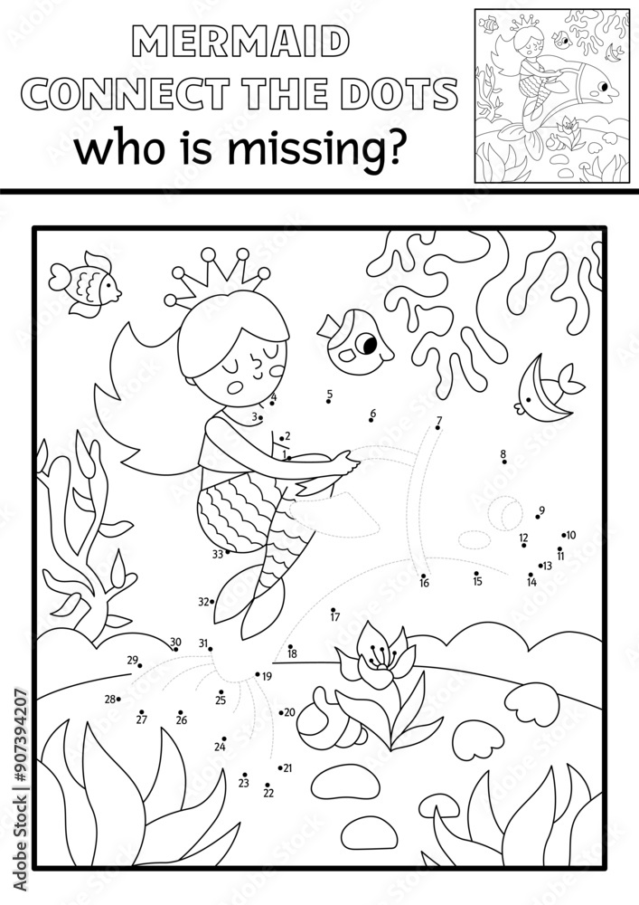 Vector mermaid black and white dot-to-dot activity with sea princess ...