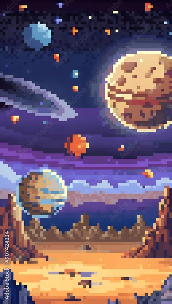 Alien planet space landscape pixel art background. 8-bit game assets ...