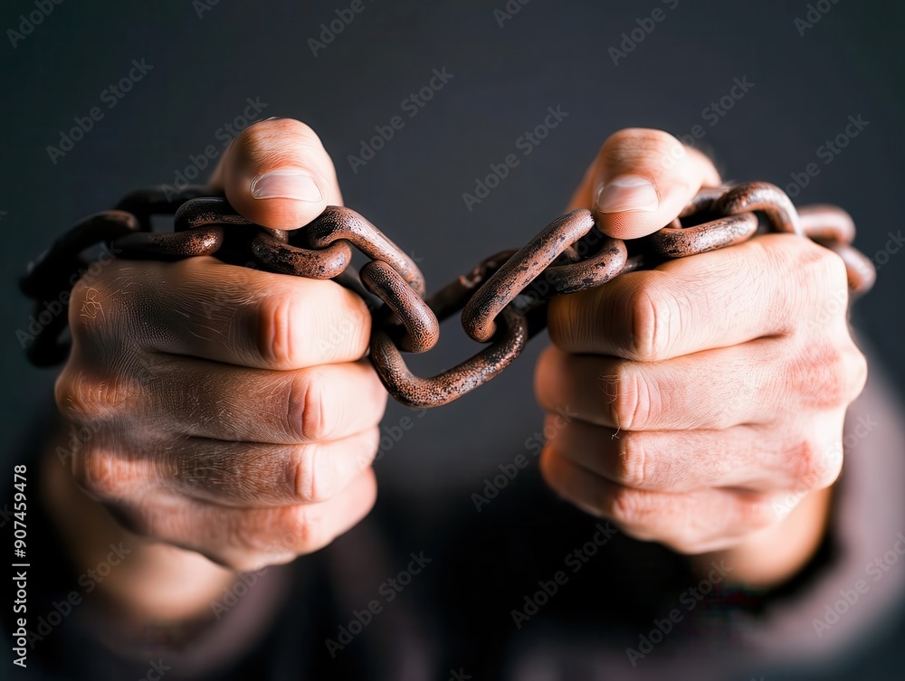 Man with broken chains around wrists, triumphant pose, Freed man ...