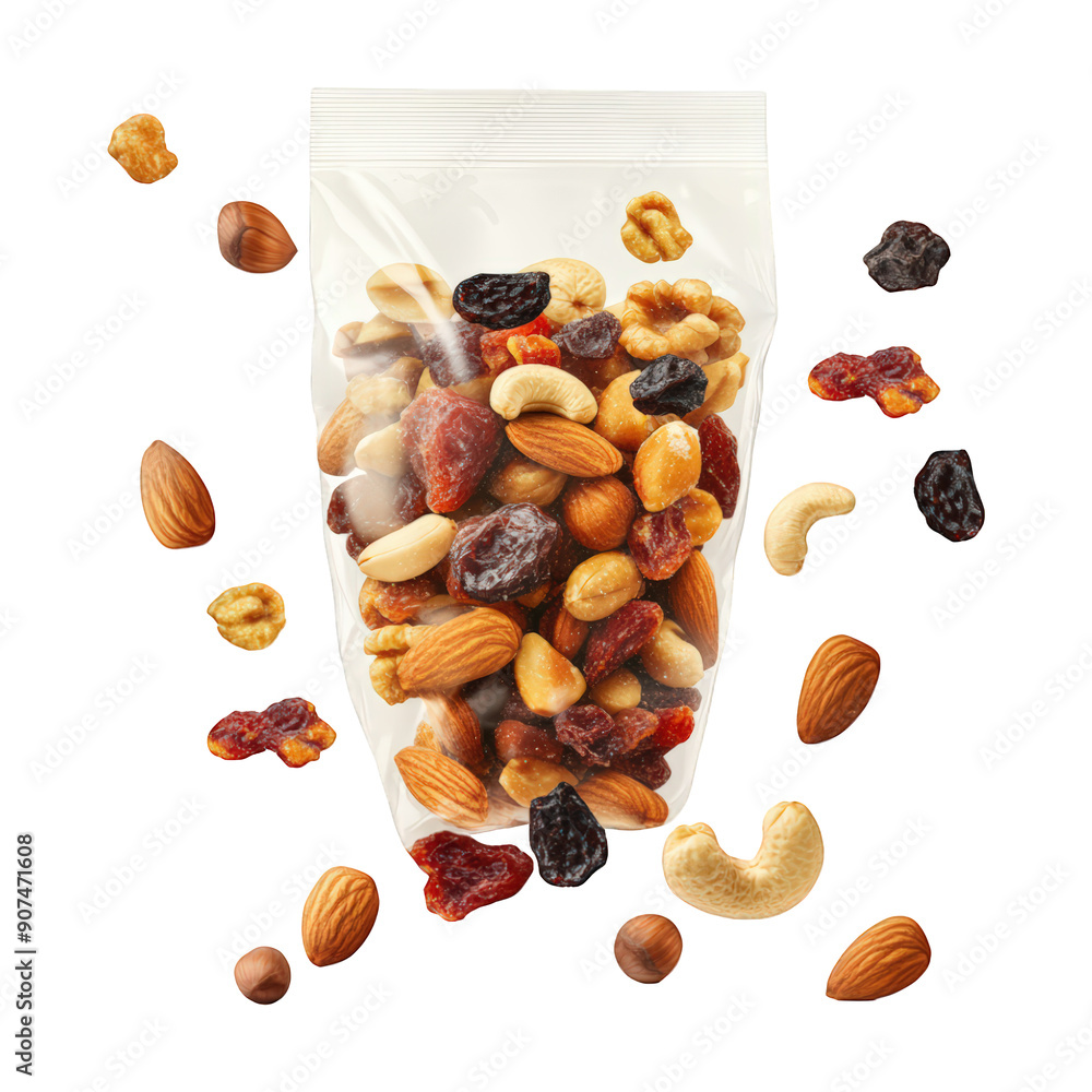Bag Of Trail Mix With Floating Nuts And Dried Fruit On Transparent Png ...