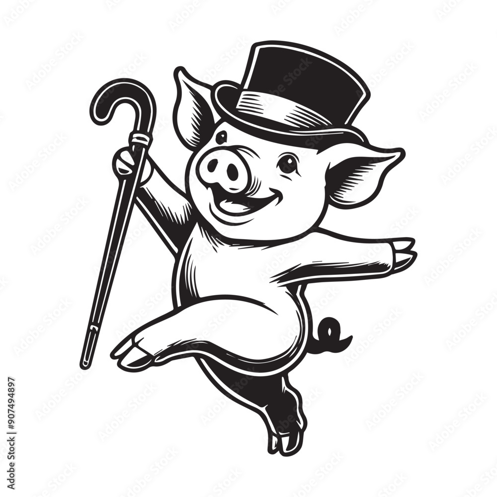 Pig Clipart, Hog Outline Logo, A pig dancing with a top hat ...