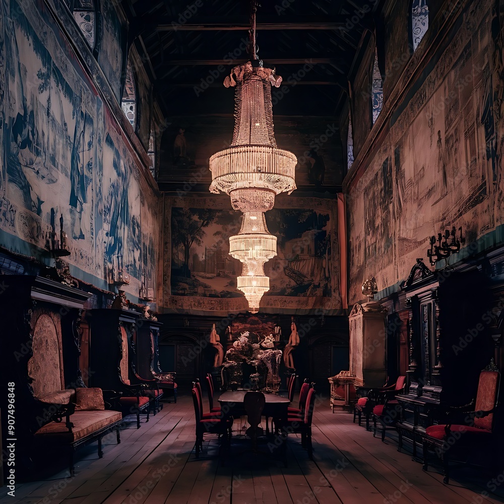 Picture the interior of an old mansion with antique furniture, ornate ...