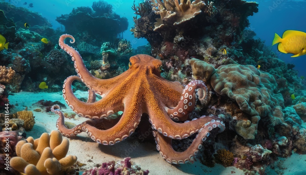 An octopus spreads its arms gracefully across a colorful coral reef ...