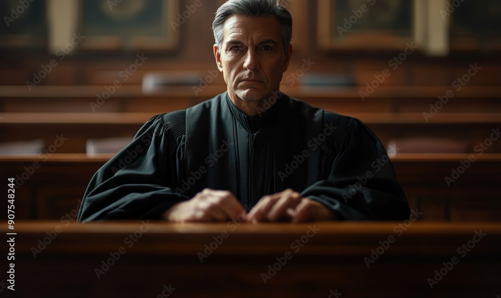 American judge sit behind the judge's bench wearing a black gown , US ...