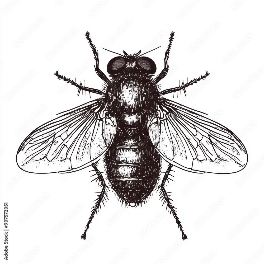 Black and white Vintage engraved art of a housefly isolated on white ...