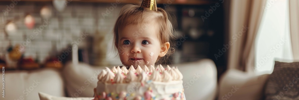 Infant celebrating her first birthday at home with a festive cake Stock ...
