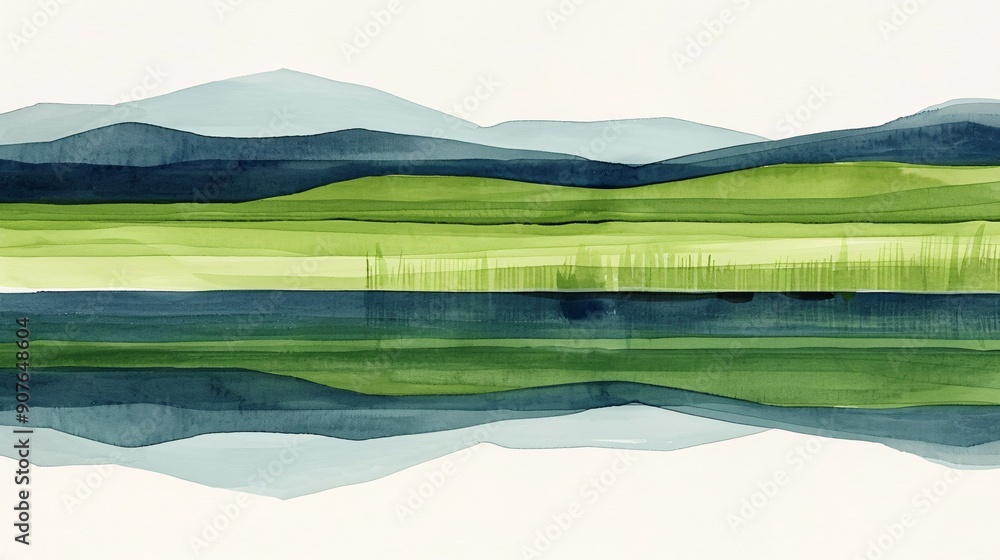 This minimalist watercolor artwork shows a serene green landscape and ...