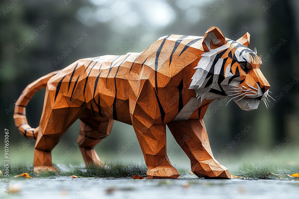 A detailed low poly paper lion model, crafted with sharp geometric ...