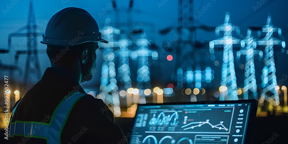 Engineer Monitoring Power Grid Operations, Nighttime View of Electrical ...