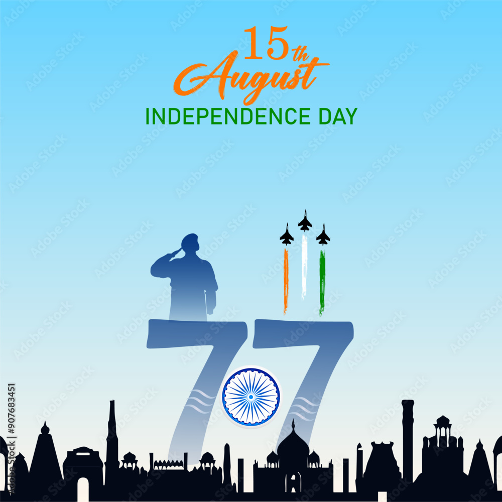 77 years since independence A soldier salutes against a blue background ...