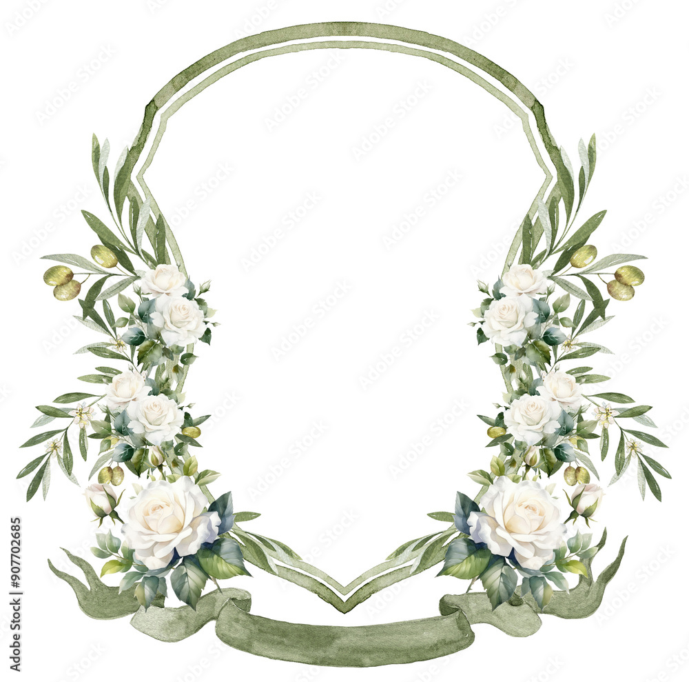 Green greenery White roses Watercolor Flowers Wedding Crest template ...