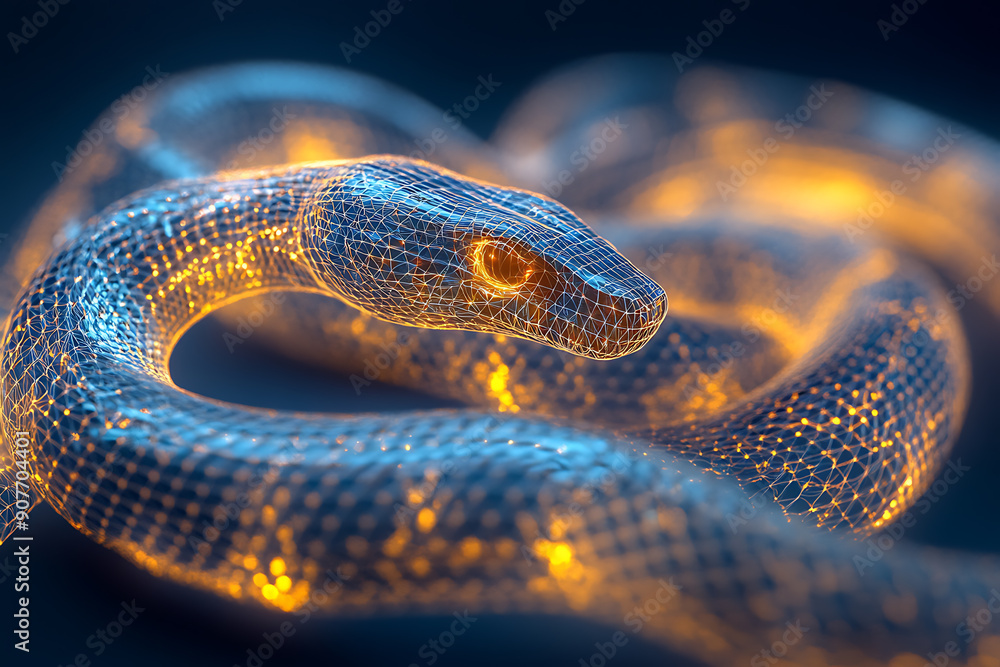 Innovative wireframe rendering depicting a snake on a glowing ...