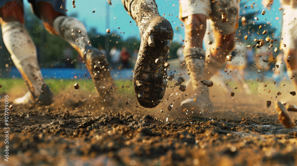 Soccer players with muddy cleats run dynamically on a wet field ...