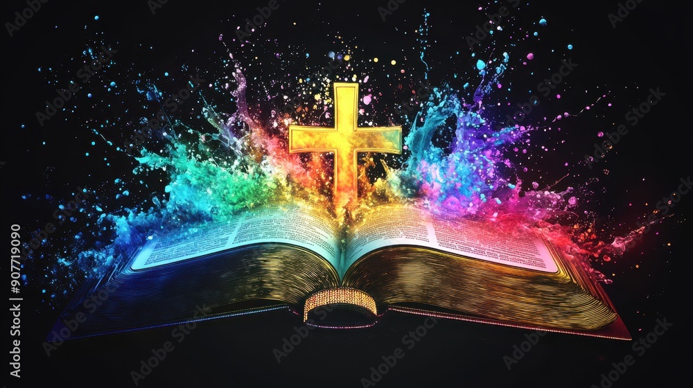 Open Holy Bible with 3D colorful Christian cross splash on a black ...