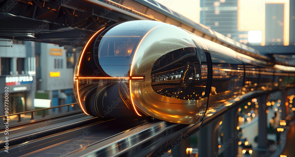 High speed gold train at station and futuristic cityscape sci fi ...