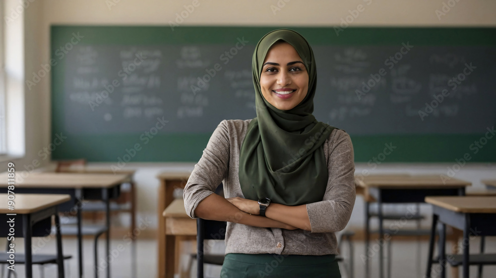 Happy Muslim woman teacher wearing hijab is standing in school ...
