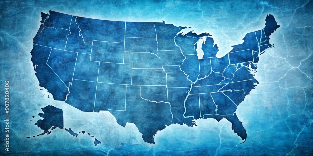 Blue USA map with state borders and names on grunge background, grunge ...