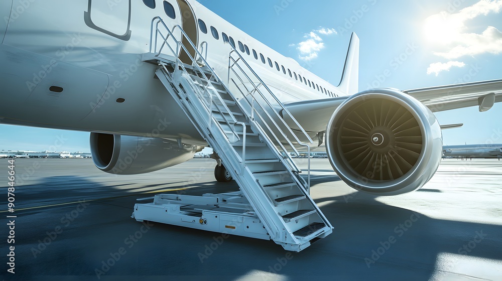 Commercial airplane on tarmac, clear blue sky, bright sunlight, no ...