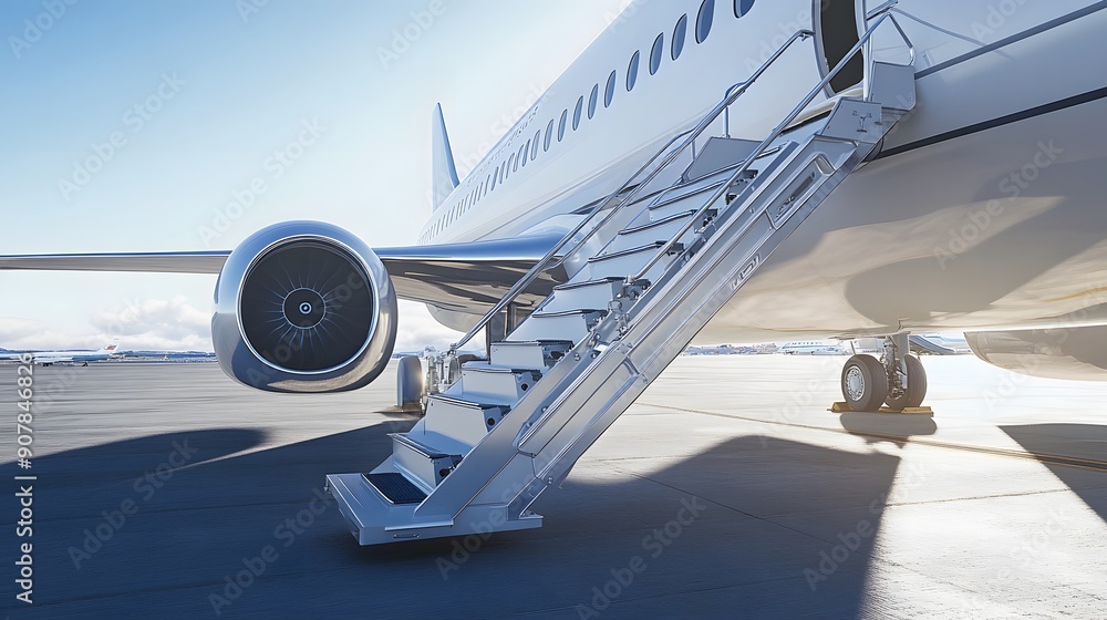 Commercial airplane on tarmac, clear blue sky, bright sunlight, no ...