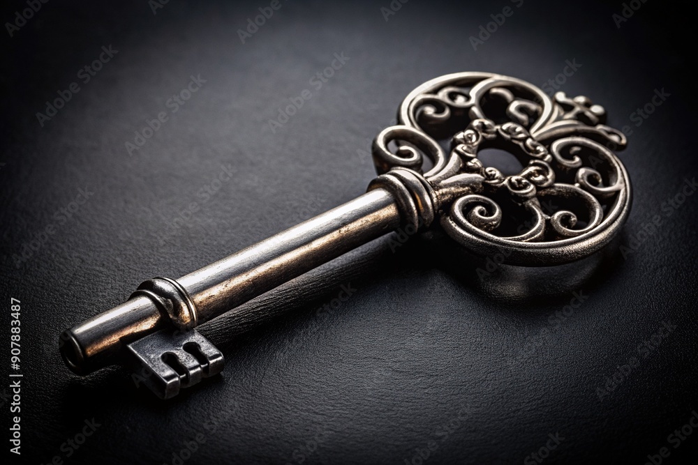 Isolated silver skeleton key rests on a matte black background, its ...