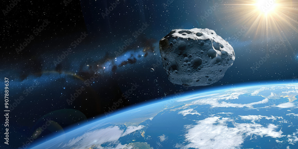 Asteroid entering planet atmosphere before impact, meteor warning in space, comet danger, global ...